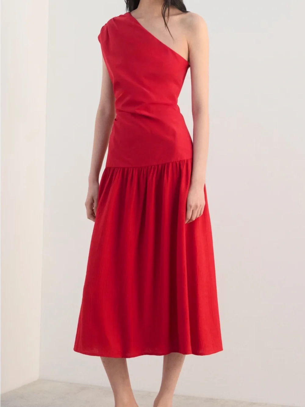 Mango | Dresses | Mango Oneshoulder Red Maxi Dress Asymmetrical Pleated ...